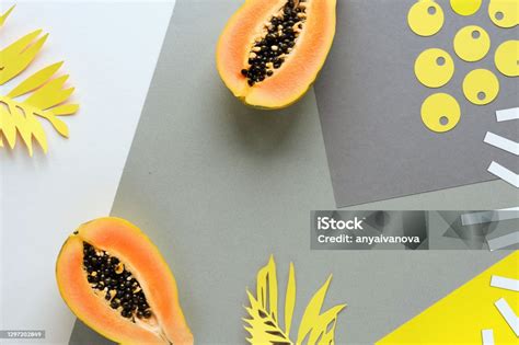 파파야 이국적인 과일과 잎배경 2021년 의 색상인 옐로우와 얼티밋 그레이를 일루미네이션 원과 야자수 잎 실루엣 종이 장식레이어 페이퍼 탑 뷰 2021년에 대한 스톡 사진