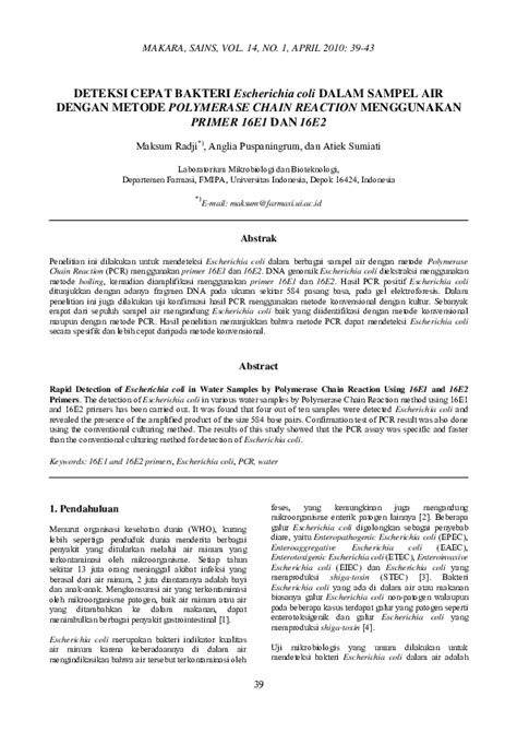 Pdf Deteksi Cepat Bakteri Escherichia Coli Dalam Sampel Air Dengan Metode Polymerase Chain