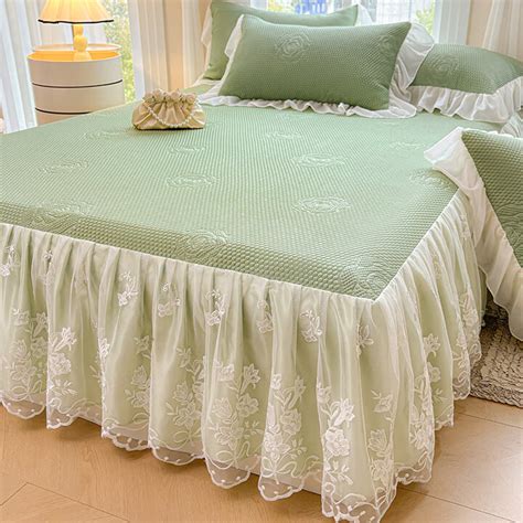 浪莎（langsha）公主风冰豆豆床裙凉席夏季冰丝席三件套可机洗空调软席子凉垫子 山茶简语 橄榄绿【凉感冰豆豆】 【床裙席枕套一对