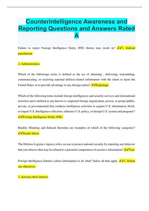 Counterintelligence Awareness And Reporting Questions And Answers Rated