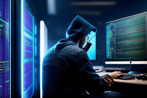The Cyber Crime Hacker In Silhouetted And Disguised Breaking Into The