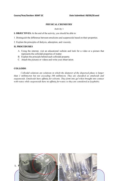 Physical Chemistry Activity 1 Biochem LAB Course Year Section BSMT 2C Date Submitted 09 09