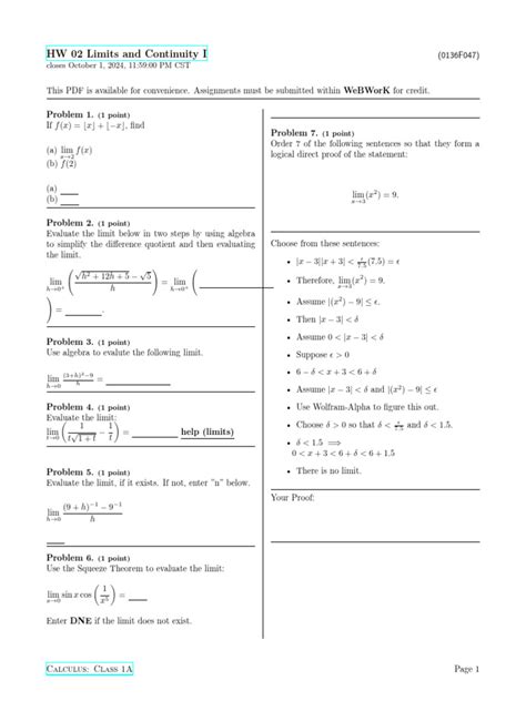 Hw02limitsandcontinuityi Pdf Mathematics Algebra