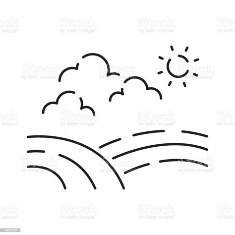 풍경 아이콘 가는 선 스타일 평면 디자인 벡터 그림 여름 봄 시즌 자연 정원과 집 산에 대한 스톡 벡터 아트 및 기타 이미지 산 클립아트 태양 하늘 Istock