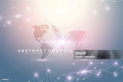빅 데이터 시각화 기하학적 그래픽 배경 분자 및 통신 글로벌 네트워크 연결 점으로 연결된 선 미니멀리즘 혼란 일러스트 배경입니다 벡터 그림입니다 0명에 대한 스톡 벡터 아트