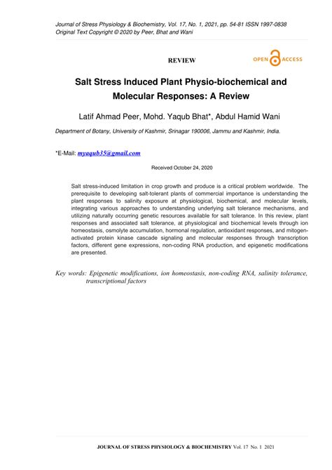 Pdf Salt Stress Induced Plant Physio Biochemical And Molecular
