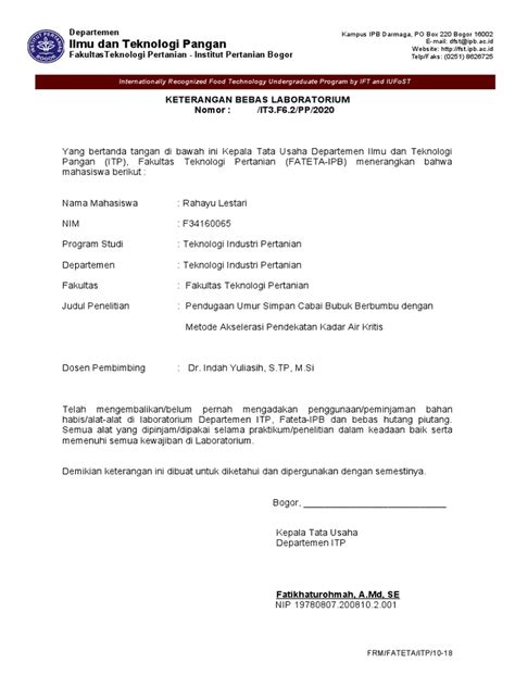 Frm Itp 10 09 Borang Bebas Lab Mhs Luar Itp Rahayu Lestari