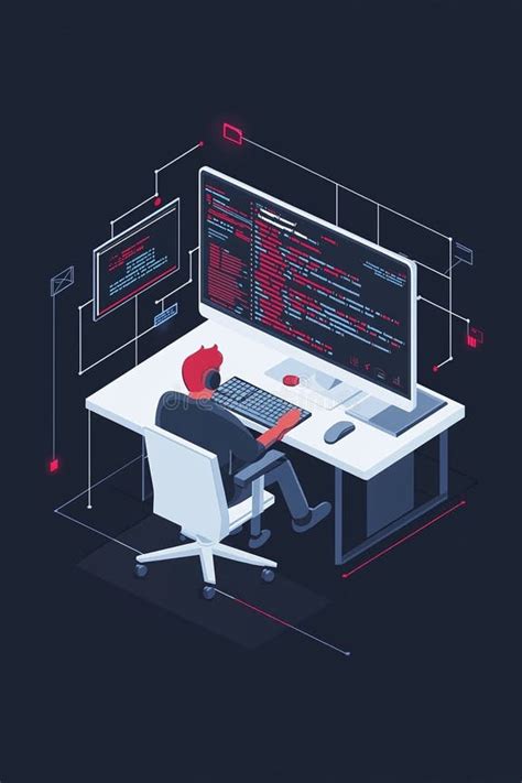 Isometric View Of A Software Developer Coding On A Futuristic