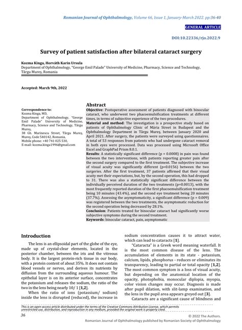 Pdf Survey Of Patient Satisfaction After Bilateral Cataract Surgery