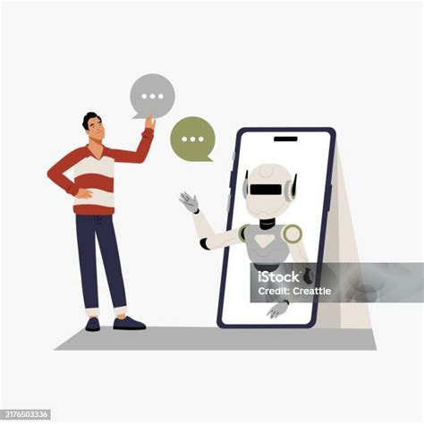 스마트 폰에서 챗봇과 상호 작용하는 남자는 Ai 통신 가상 비서 및 온라인 상호 작용을 상징하는 평면 벡터 그림으로 흰색 배경에 고립되어 있습니다 Brand Name