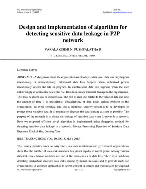 Design And Implementation Of Algorithm For Detecting Sensitive Data Leakage In P2p Network Pdf