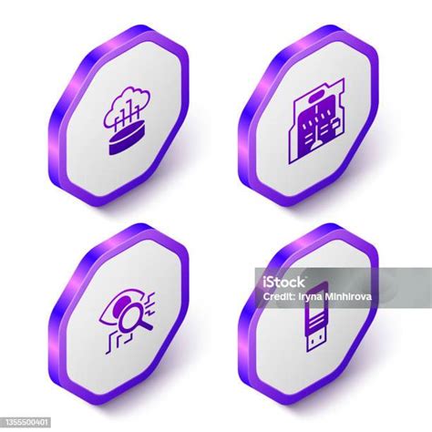 Isometric 네트워크 클라우드 연결 미래 슬라이딩 도어 눈 스캔 및 Usb 플래시 드라이브 아이콘을 설정합니다 보라색 육각