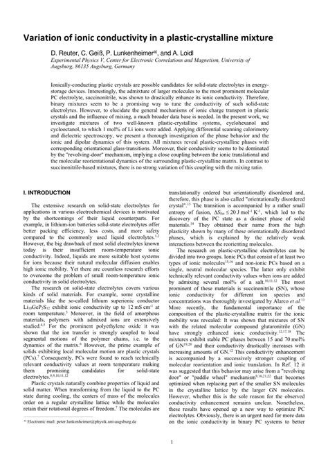 Pdf Variation Of Ionic Conductivity In A Plastic Crystalline Mixture