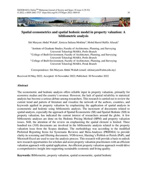 Spatial Econometrics And Spatial Hedonic © 2022 E Issn 2682 7727 Doi1017576geo 2022 1804