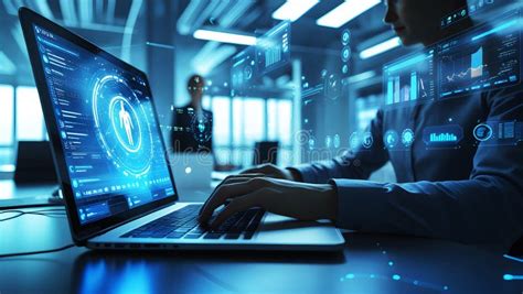Cybersecurity Professional Working On A Laptop With Digital Interface And Data Analysis Stock