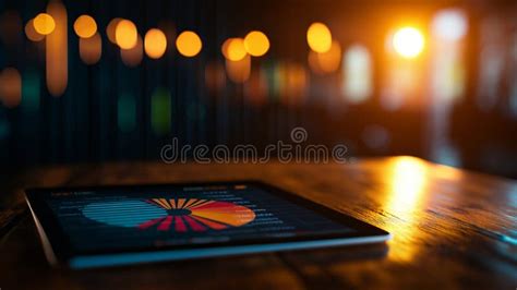 colorful pie chart and bar graph displayed on tablet showcasing data analysis in warm ambient