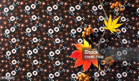 일본식 단풍 나무와 단풍 나무 죽은 나뭇 가지 와사비 가을 각도는 조감도이며 배경은 여백이 있는 짙은 갈색 일본식 패턴입니다 0명에 대한 스톡 사진 및 기타 이미지 Istock