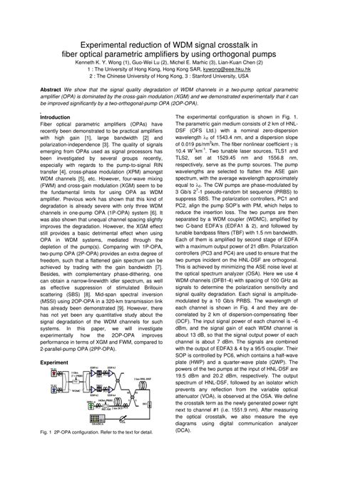 Pdf Experimental Reduction Of Wdm Signal Crosstalk In Fiber Optical