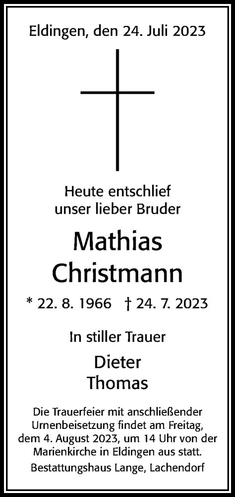 Traueranzeigen Von Mathias Christmann Trauerportal Der Celleschen Zeitung