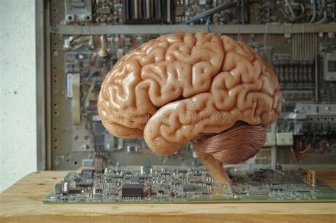 Brain Model On Circuit Board Representing The Intersection Of Neuroscience And Technology Stock