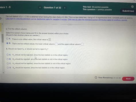 Solved The Test Statistic Of Z −2 83 Is Obtained When