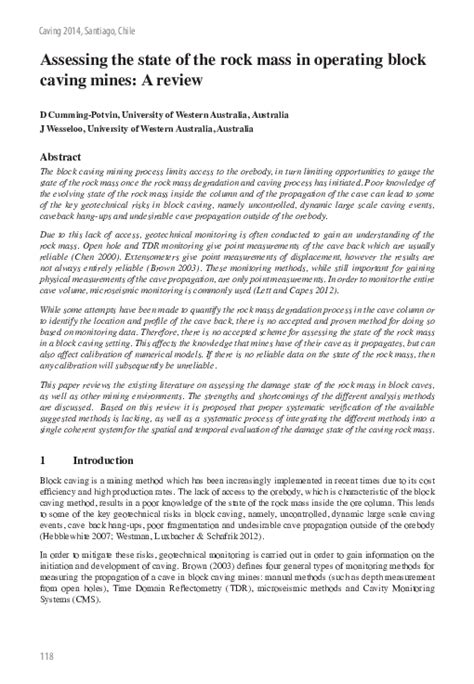 Pdf Assessing The State Of The Rock Mass In Operating Block Caving Mines A Review