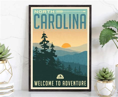 Aaroca State Poster Retro Style Travel Poster North Carolina Vintage