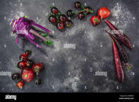 Anthocyanin Rich Vegetables On Dark Textured Backdrop Top View Stock