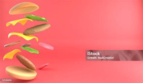 빨간색 배경에 햄버거의 떨어지는 부분을 3d 렌더링합니다 3d 일러스트 패스트 푸드 개념 및 복사 공간 0명에 대한 스톡 사진 및 기타 이미지 Istock