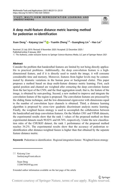 A Deep Multi Feature Distance Metric Learning Method For Pedestrian Re Identification Request PDF