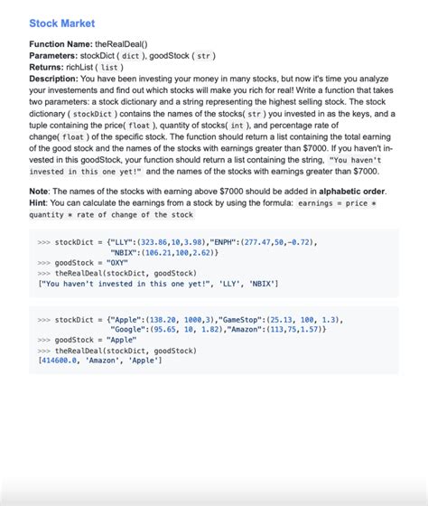 Solved Stock Market Function Name Therealdeal Parameters