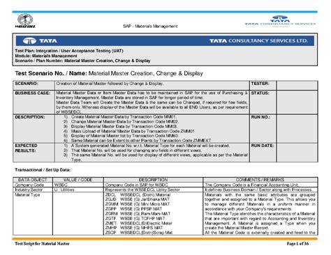 SAP Materials Management Test Script For Test Plan Integration User Acceptance Testing UAT