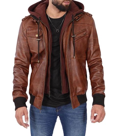 Mens Brown Bomber Leather Jacket With Hood Free Shipping Australia