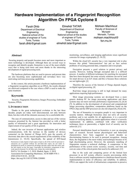 pdf hardware implementation of a fingerprint recognition algorithm on