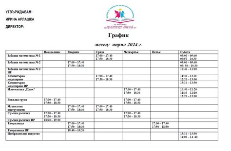 Графици на заниманията Център за подкрепа за личностно развитие Община Раковски