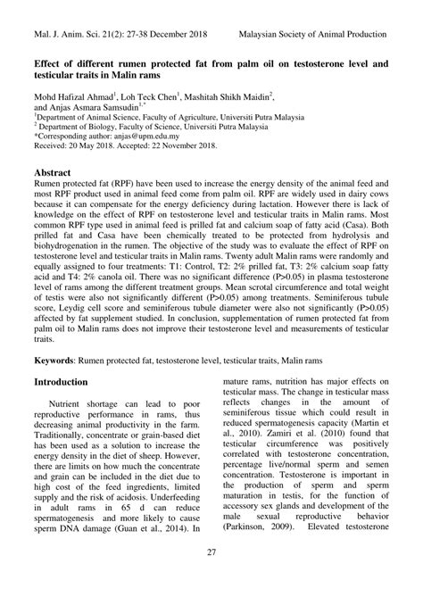 Pdf Effect Of Different Rumen Protected Fat From Palm Oil On Testosterone Level And Testicular