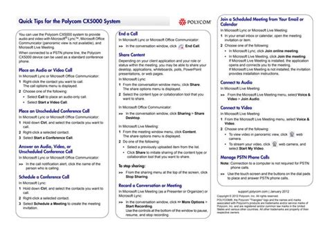 polycom cx5000 quick reference card pdf web conferencing computer software and applications
