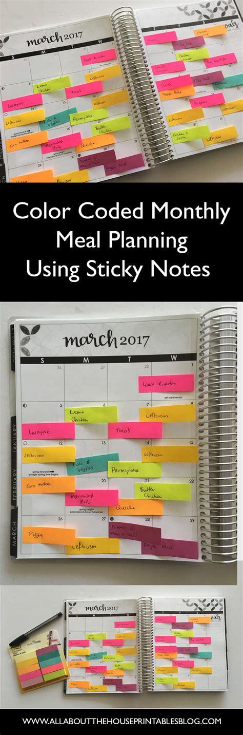 Color Coded Monthly Meal Planning Using Sticky Notes Monthly Planning