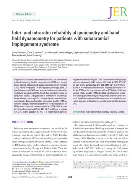 Pdf Inter And Intrarater Reliability Of Goniometry And Hand Held Dynamometry For Patients