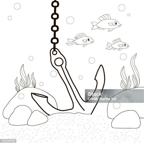 바위에 바다의 바닥에 앵커 조류 성장 하 고 색깔을 물고기 수영 착 색 페이지입니다 어린이 위한 색칠 하기 책 수중에 대한 스톡
