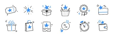 기념일 로고 독점 혜택 보상 로열티 쿠폰 아이콘 세트 손으로 그린 스케치 스타일 보너스 카드 로열티 프로그램 Vip 회원 아이콘 독점적 인 보상 할인 프로그램은 기념일