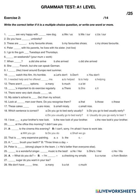 Grammar Test A1 Level Online Exercise For Live Worksheets