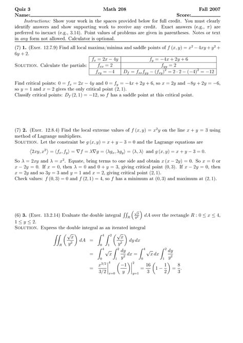 Quiz 3 With Solution Analytical Geometry And Calculus Iii Math 208