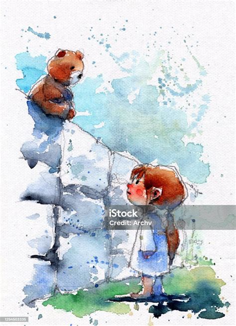 테디 베어를 바라보는 어린 소녀의 수채화 그림 종이 그림 스캔에 손으로 그린 수채화에 대한 스톡 벡터 아트 및 기타 이미지 수채화 아이 개념 Istock