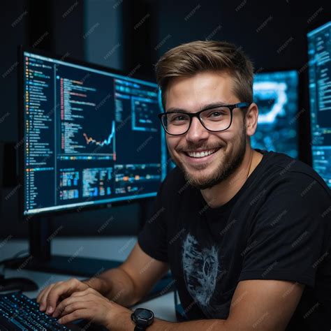Man sysadmin or big computer screen programmer working at the computer 8k resolution eye contact ...