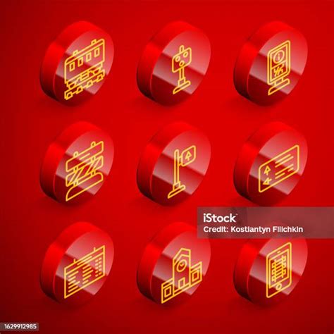 노선 여객 열차 차량 기차 신호등 안내소 철도 트랙 끝 도로 표지판 역 게시판 및 철도 아이콘을 설정합니다 벡터 3차원 형태에 대한 스톡 벡터 아트 및 기타 이미지 Istock