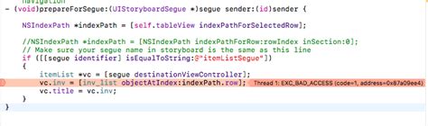 Ios Prepareforsegue Excbadaccess At Indexpathrow Stack Overflow