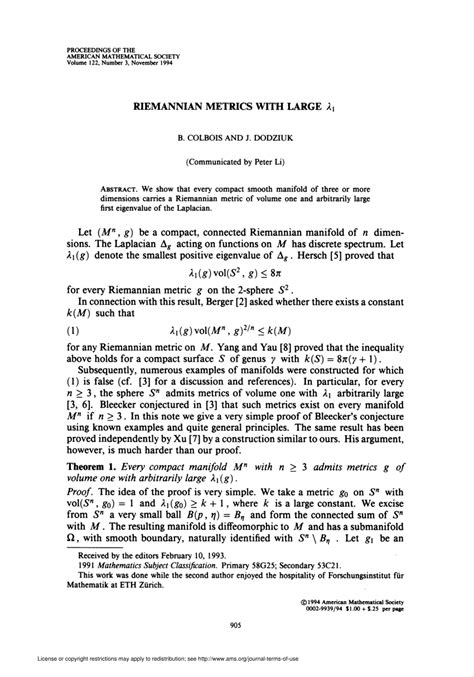 Pdf Riemannian Metrics With Large λ 1
