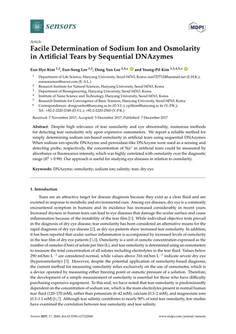 Pdf Facile Determination Of Sodium Ion And Osmolarity In Artificial Tears By Sequential Dnazymes