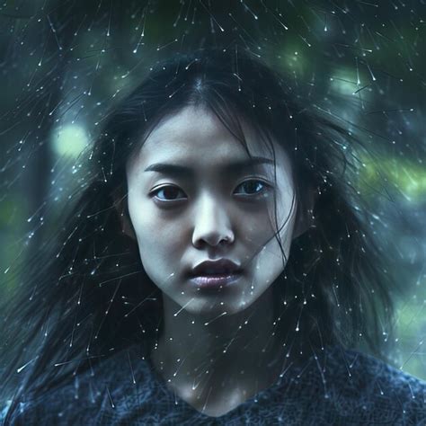 A Girl With Black Hair And A Raindrops On Her Face Premium Ai